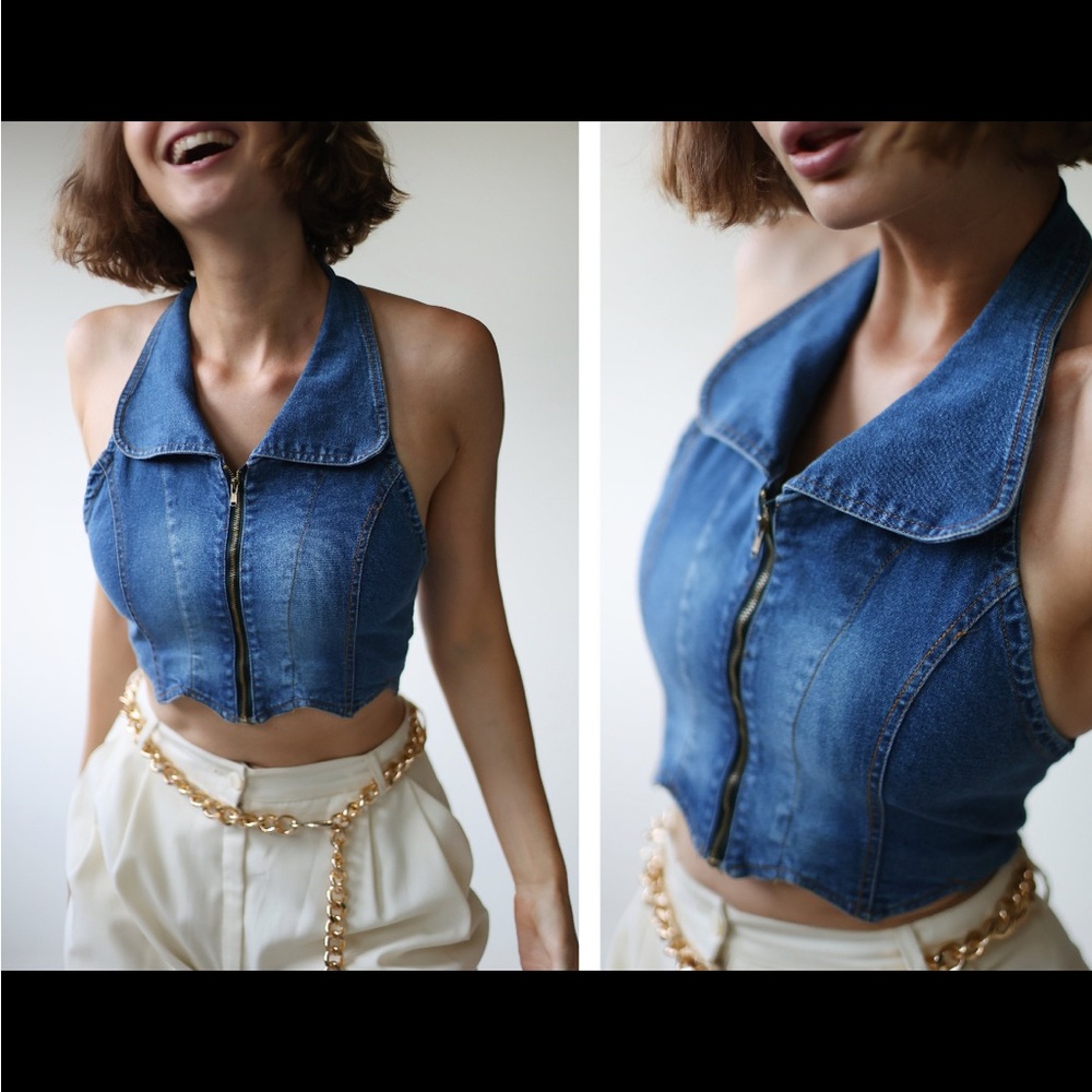 Y2k Vintage Blue Denim Open Back Scallop Hem Crop Ves… - Gem